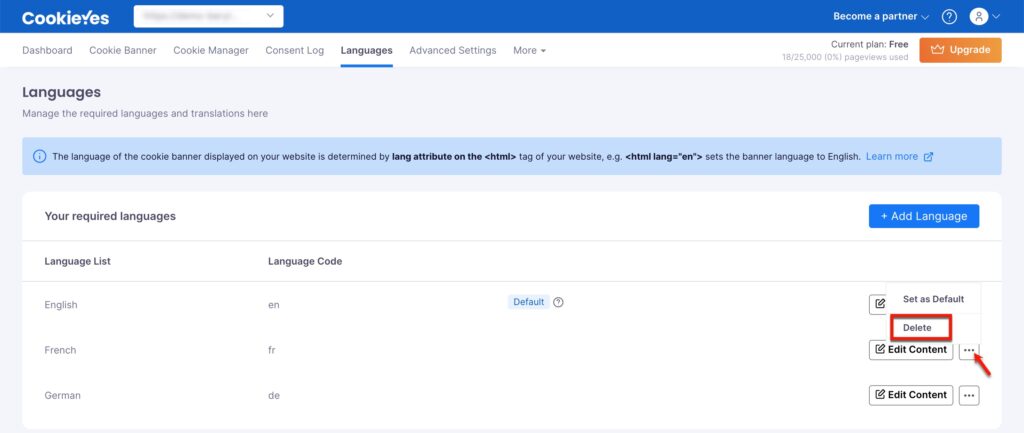 How to delete a language from my required language list? - CookieYes